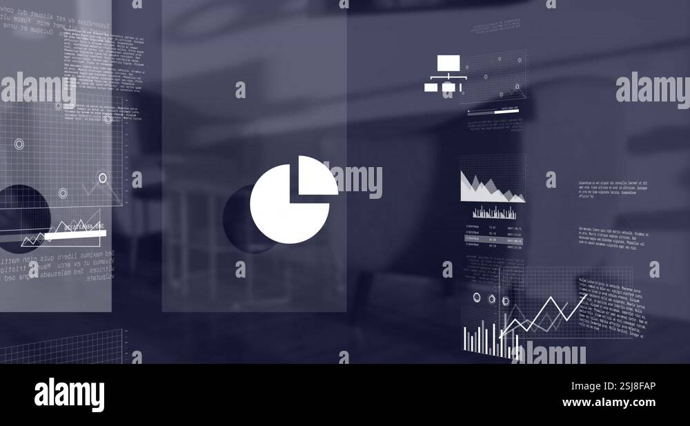 Animation of screens with statistical data processing against empty office Stock Video Footage ...