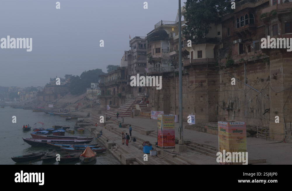 Ghats along Ganges River in Varanasi in a Foggy Morning (Real Time ...