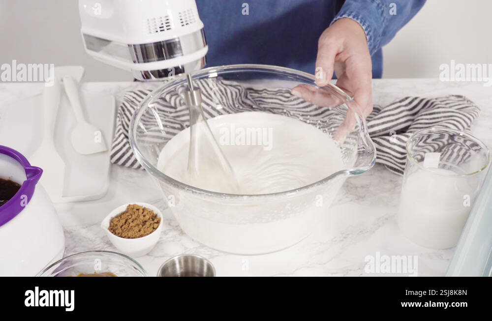 Time lapse. Step by step. Preparing homemade chocolate ice cream in a ...