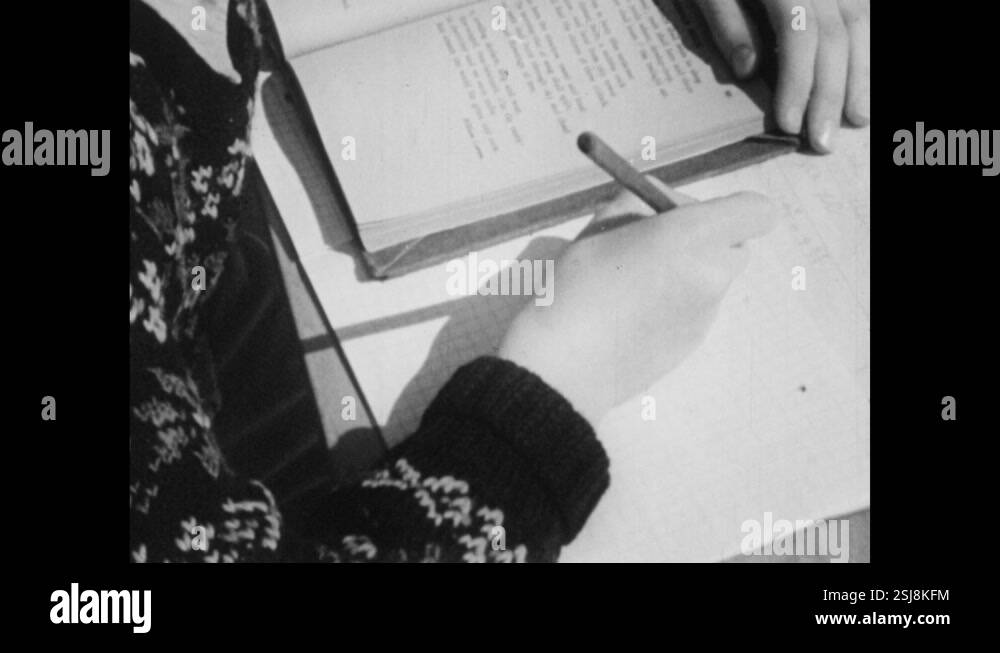 1940s: hands turn pages of book, write on paper, 2 couples dance as ...