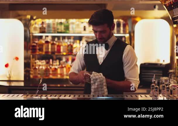 Profile good looking smiling smart bartender wiping glass at luxurious ...