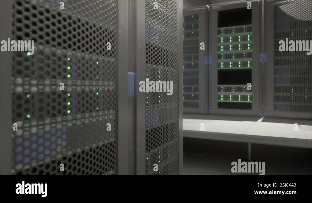 Shot of Corridor in Working Data Center Full of Rack Servers and ...