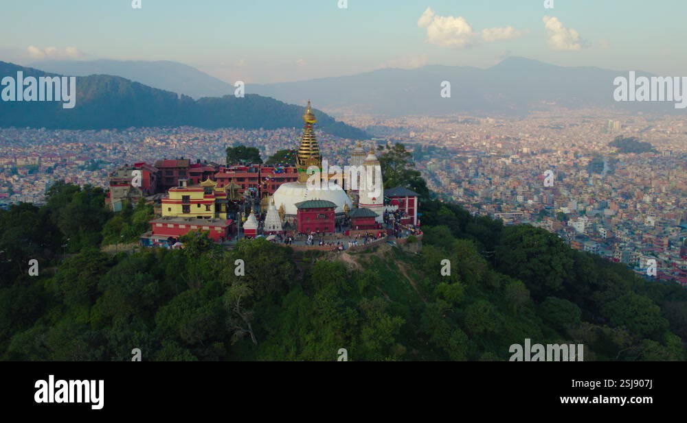 Orbiting Swayambhunath Stupa, Kathmandu at golden hour. The drone ...