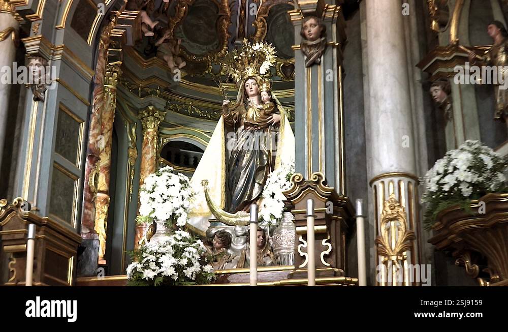 Fixed Shot Of Saint Mary Statue Inside Stunning Church Interior, Spain ...