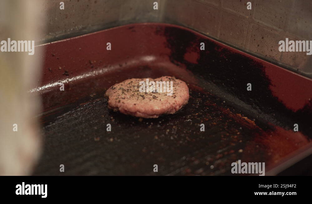 Meat Patty Cooking In A Pan At The Fast Food Restaurant. Close Up Stock ...