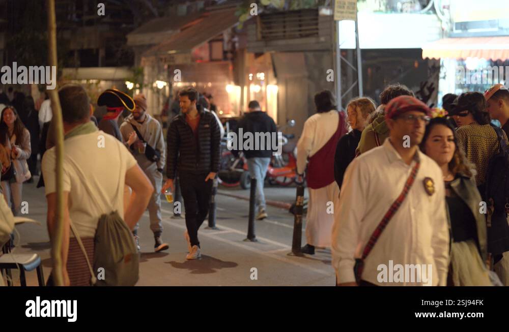 Crowd at Tel Aviv Street at Night During Purim Jewish Public Holiday ...