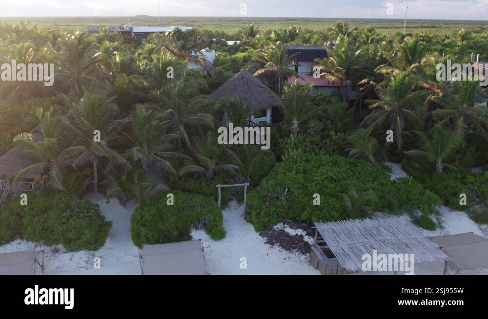 Cabin in forested hotel resort in the beach of Tulum, Mexico. Shoreline ...
