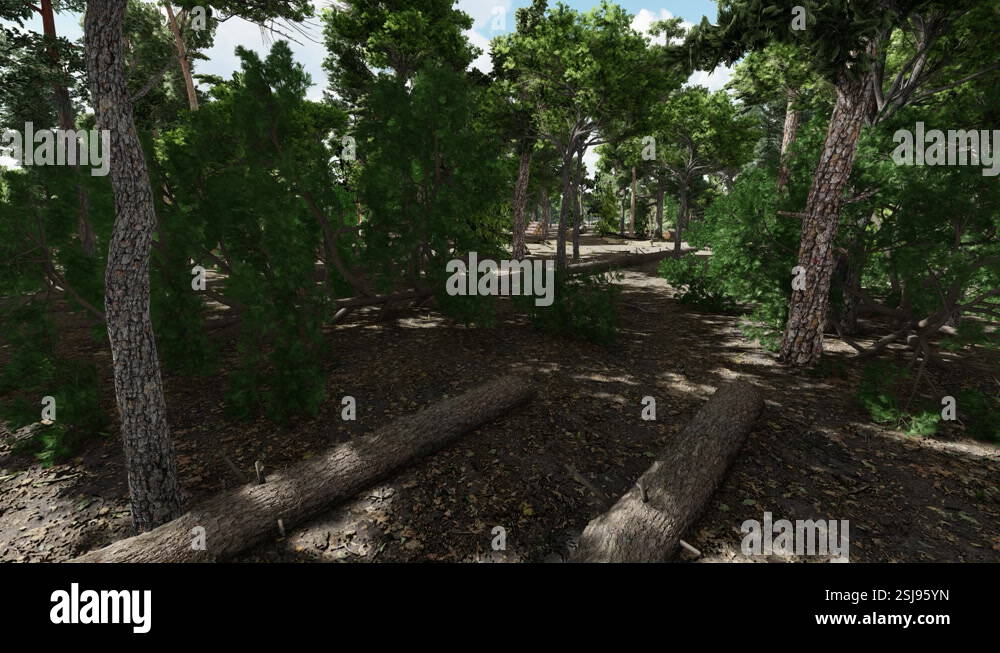Pine tree forest, green trees and nature landscape, cut down trees and ...