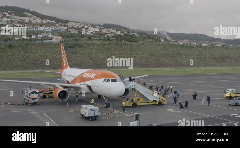 An Easyjet plane with passengers disembarking at Funchal airport ...