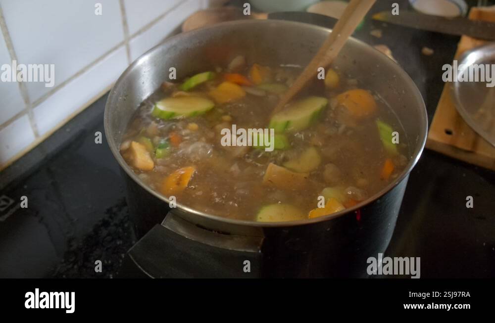 View of a vegetable soup being stirred in a steaming pot in slow motion ...