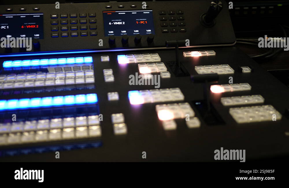 Rows of Buttons and Lights on Live Production Video Mixing Console, Pan ...