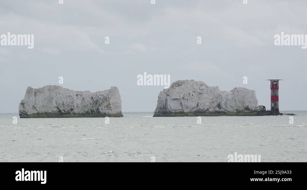 The Needles, a group of chalk stacks on the west tip of the Isle of White, UK Stock Video ...