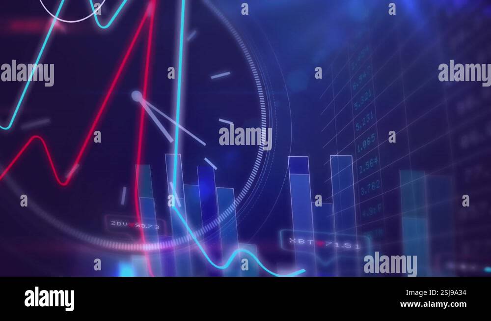 World map, blue and red graphs, clock and data processing on dark ...