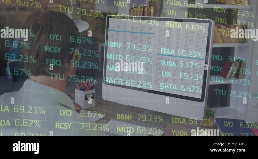 Animation of trading board over rear view of caucasian man analyzing ...