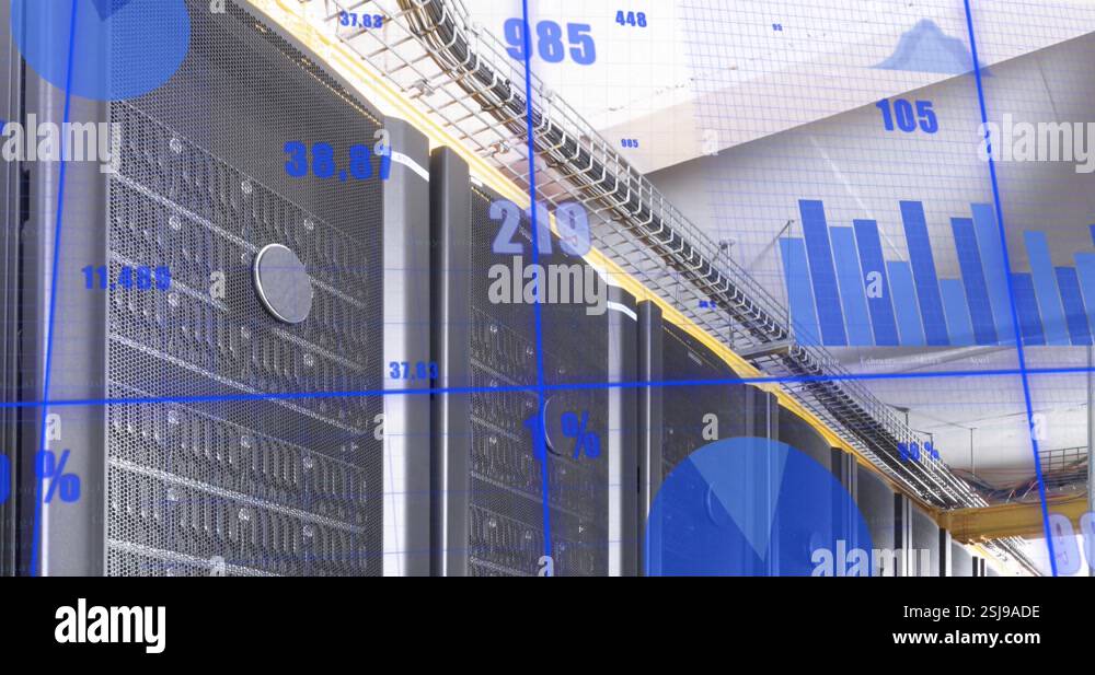 Blue charts and graphs processing data over computer server room Stock ...