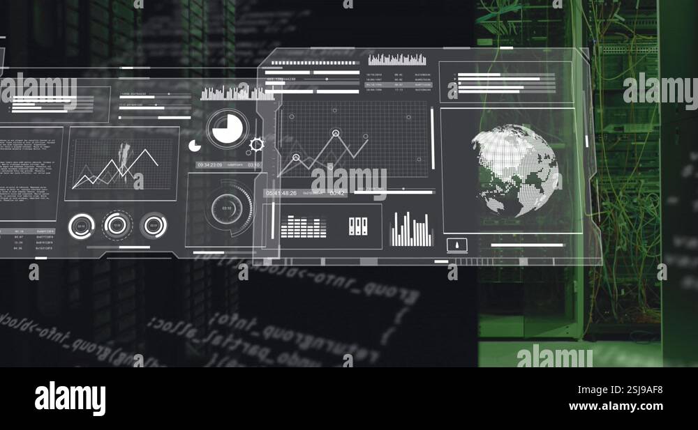 Charts, graphs, globe and data processing over dark computer server ...