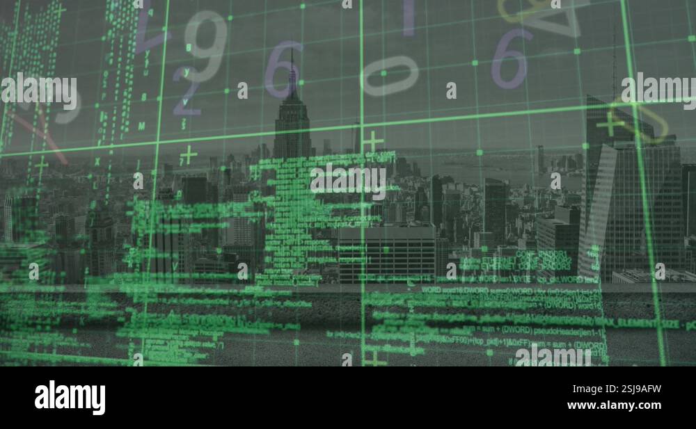 Animation of letter, numbers and computer language over modern city ...