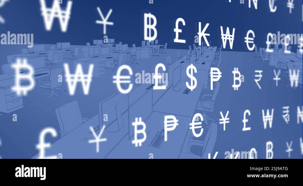 Animation of multiple currency symbols over 3d office model against ...