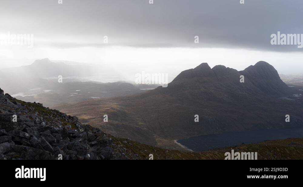 Looking to Suilven from Canisp in, Assynt, Scotland, UK on a stormy day ...