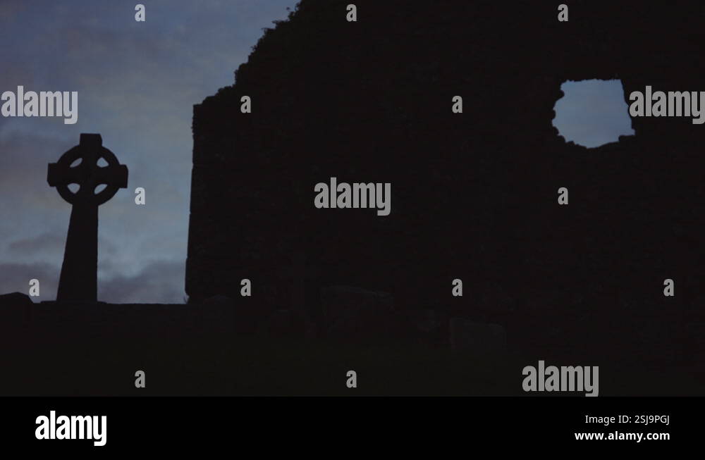 Ruin Of An Old Stone Church With Graves Ireland at dusk Stock Video ...