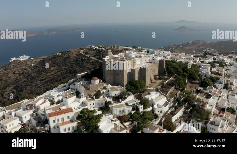 Greek Castle Flyover Aerial Drone Istle of Patmos Island Sea Ocean Town ...