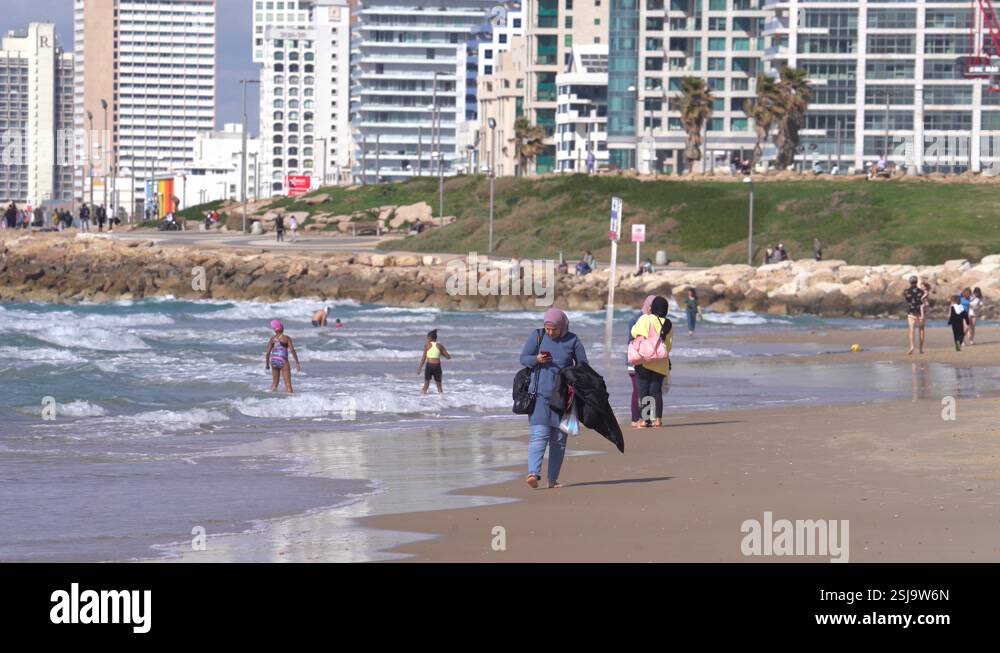 Muslim Women And Kids on Tel Aviv Beach - Static Stock Video Footage ...