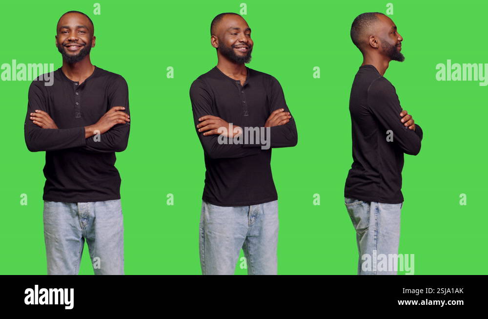 Confident smiling male model posing on greenscreen Stock Video Footage ...