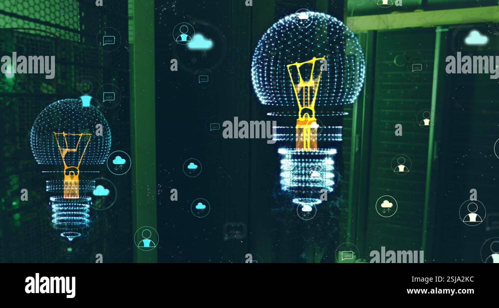 Animation of light bulb and data processing with connections over computer Stock Video Footage ...