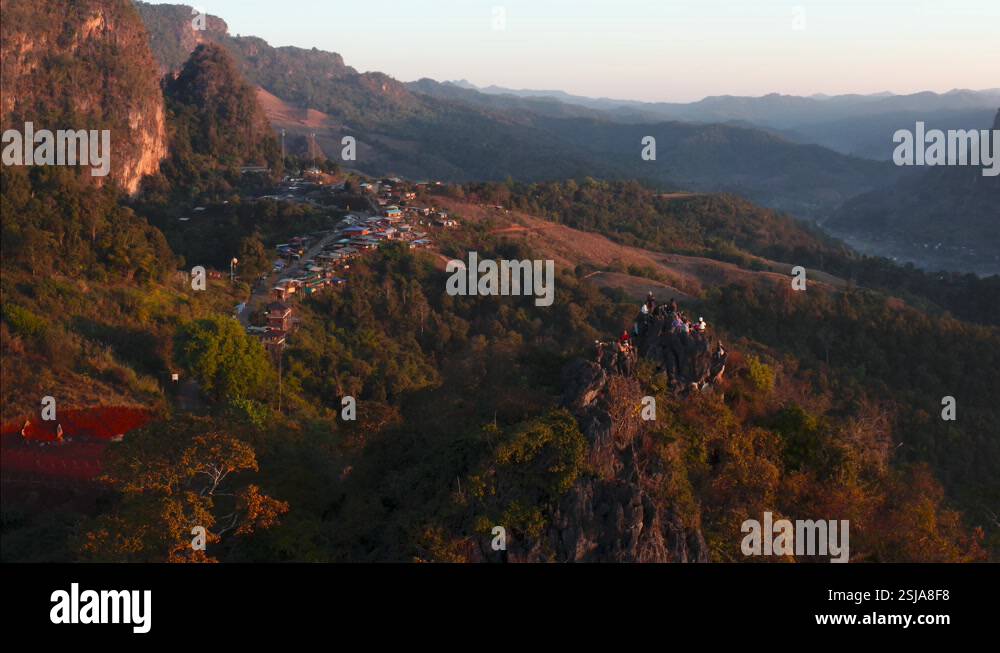 Hikers Watching Ban Jabo Village Landscape From High Peak In Mae Hong ...