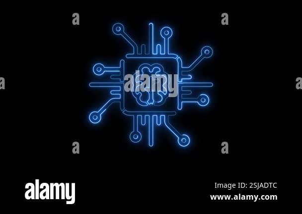 Glowing neon computer processor icon, CPU circuit neon animation ...