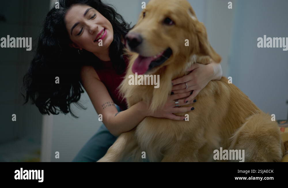 Joyful female Dog owner with her Golden Retriever pet indoors. Woman in ...