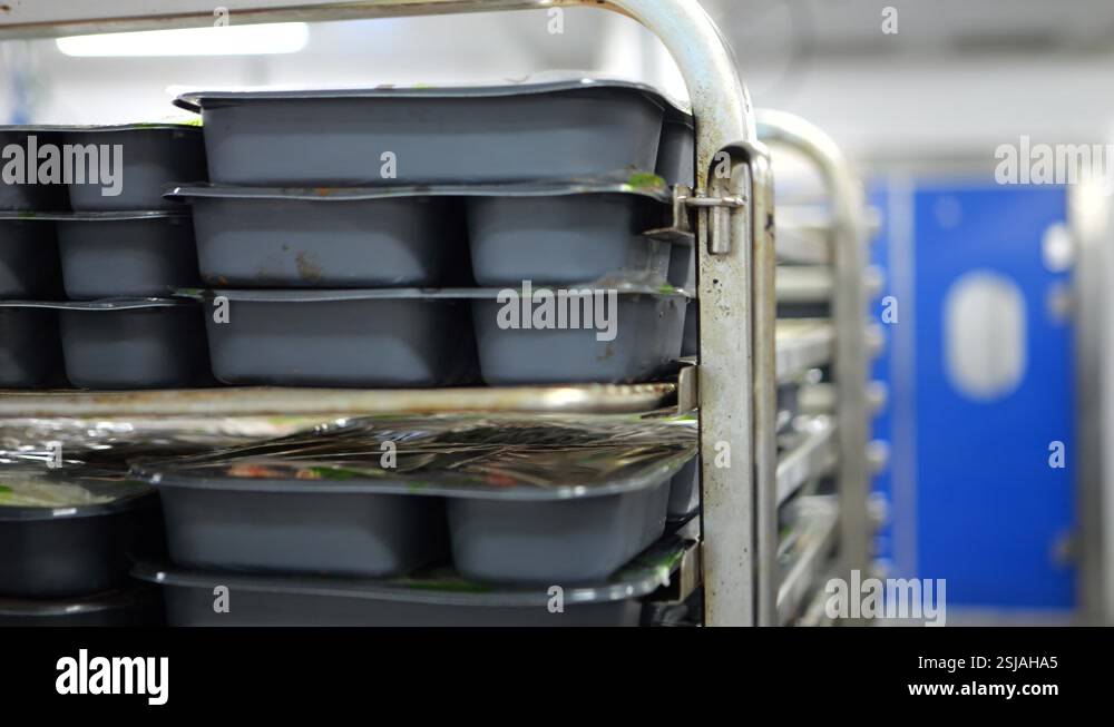 Close up of workers hands arranging food boxes in catering food factory ...