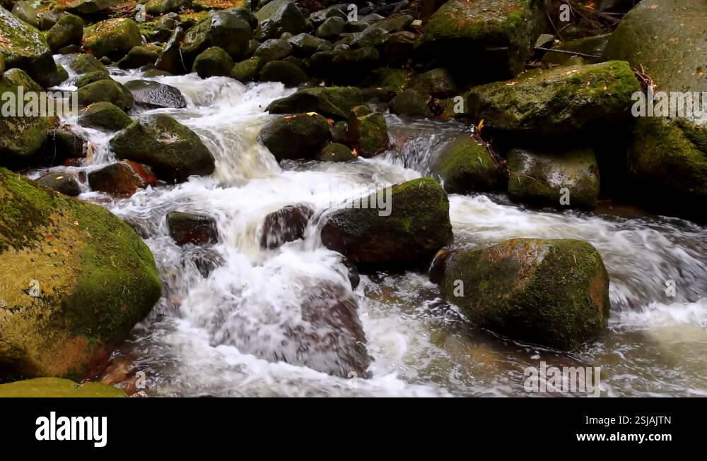 Mountain waterfalls with the rocks in the forest, zoom in, slow motion ...