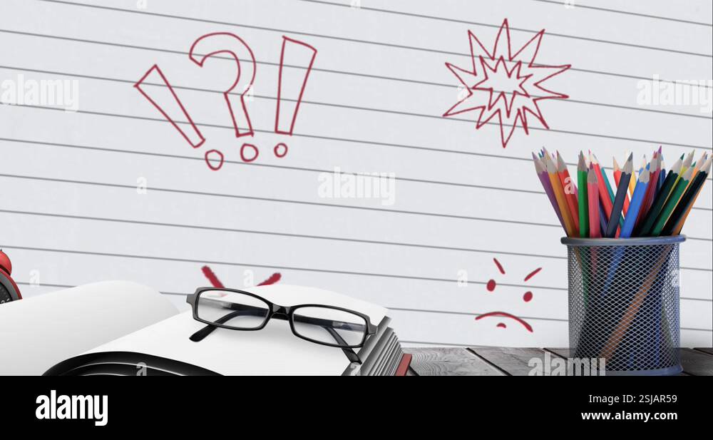 Animation of spectacles on book with color pencils on table over ...