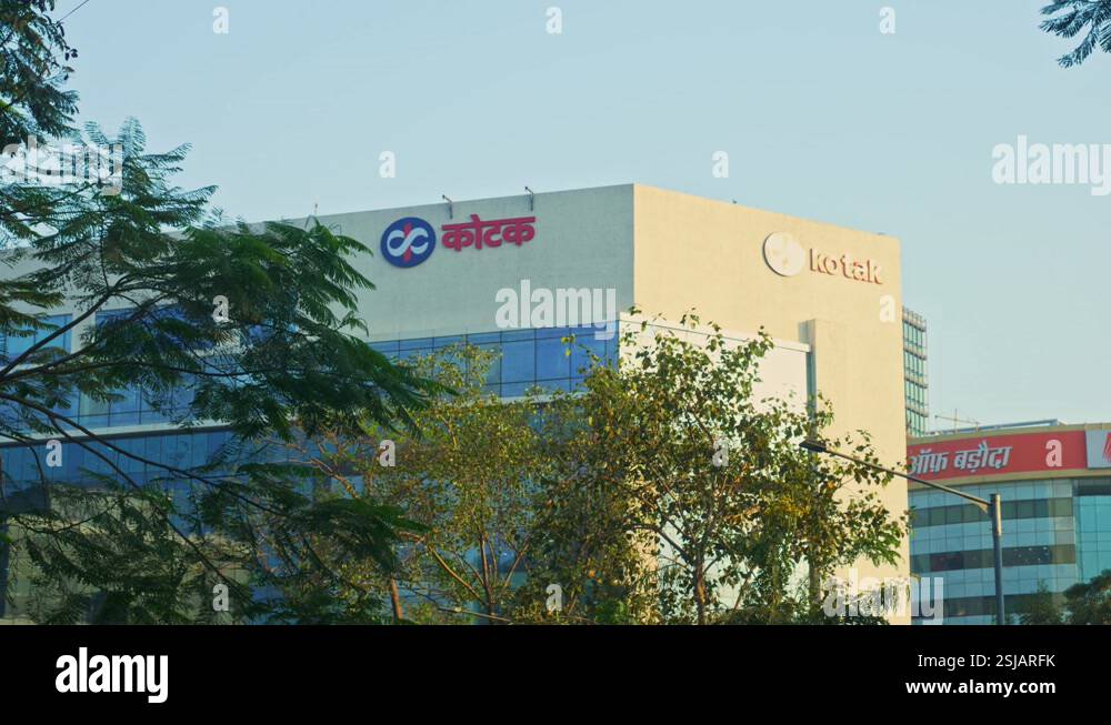 Kotak Mahindra bank logo at the top of office branch building at Bandra ...