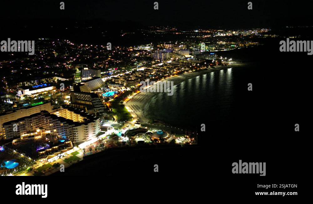 Sa Coma Beach With Sparkling Lights At Night In Balearic Islands, Spain ...