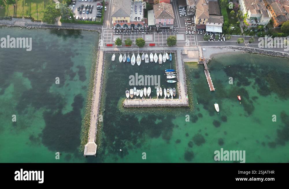 Overhead View Of Boats In The Port of Cisano In Lake Garda, Italy ...