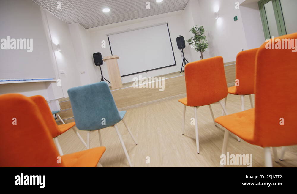 Spectator seats and projection screen in conference hall Stock Video ...