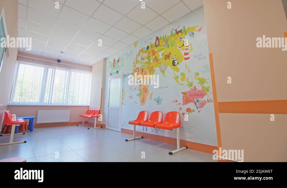Large world map drawn on wall in children hospital lobby Stock Video ...