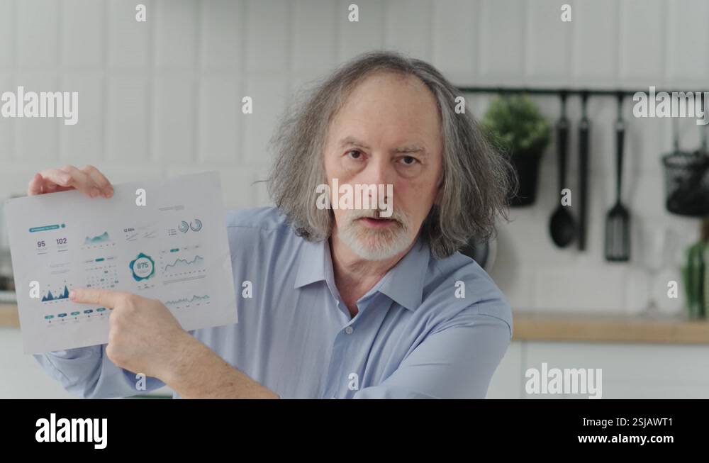 webcam View with a elderly middle-aged man works at home remotely ...