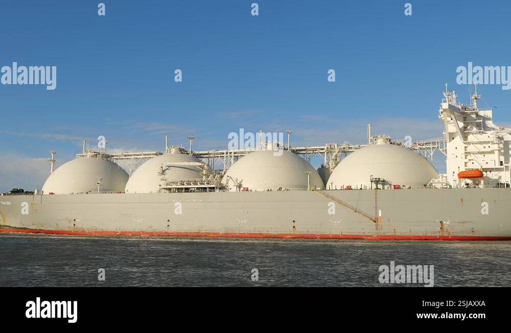 PORT ARANSAS, TX - 17 FEB 2023: The FUJI LNG tanker ship port side ...