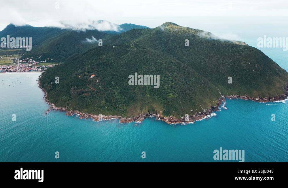 Sea coast with village. Atlantic Ocean coastline on the south of Brazil ...