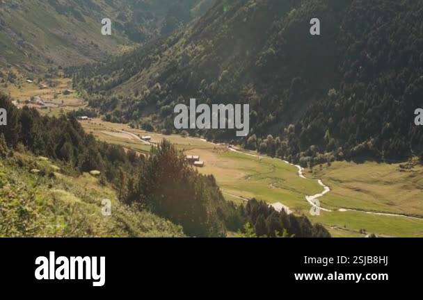 Drone flying over woods with mountains in background, Pyrenees in ...