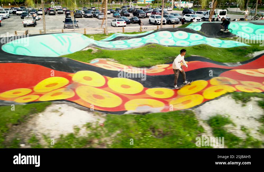 Teen Skateboarder Fast Tracking Shot, Skateboard Park Pump Track, Miami ...