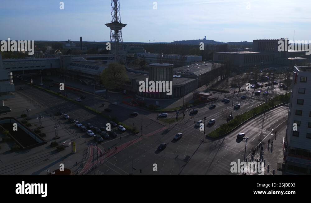 Berlin City funkturm, icc Exhibition center. Great aerial top view flight drone Stock Video ...
