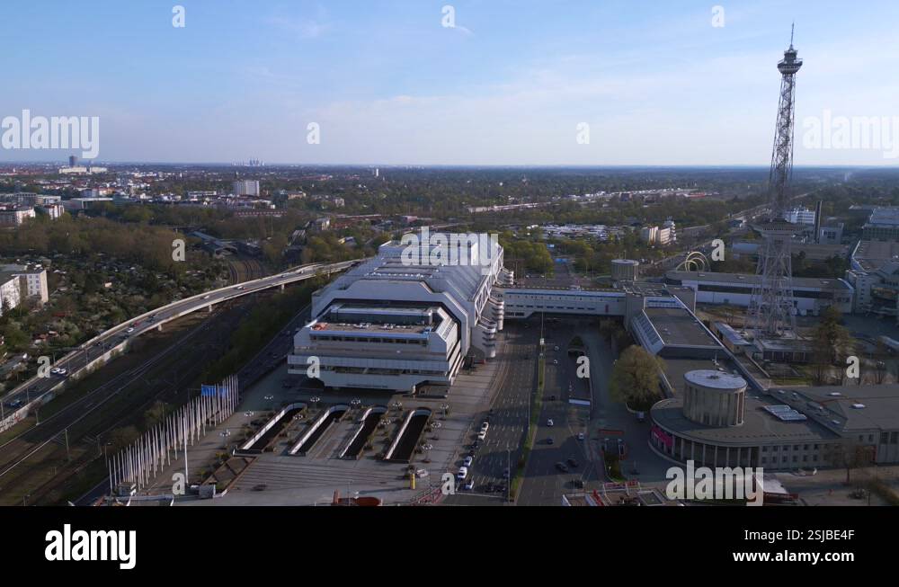 panorama overview Tower, Exhibition center icc Nice aerial top view flight drone Stock Video ...