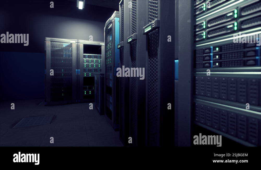 Shot of Corridor in Working Data Center Full of Rack Servers and ...