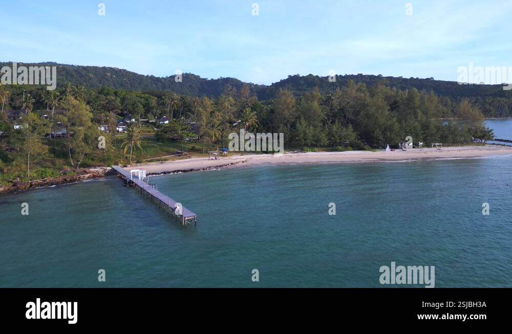 beach wooden jetty wedding event location. Stunning aerial top view ...