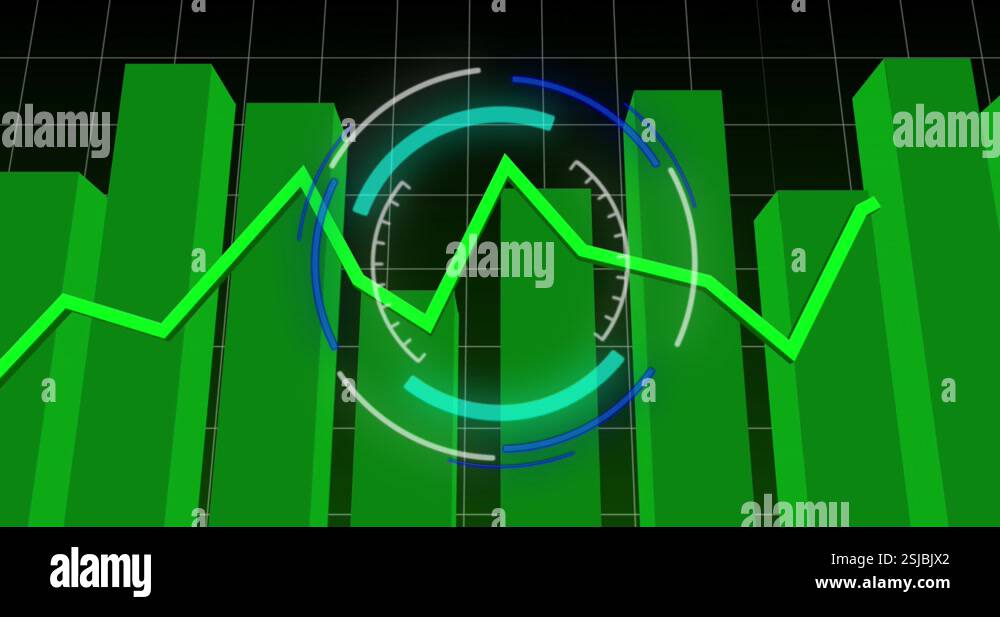 Animation of neon round scanner and statistical data processing against black Stock Video ...