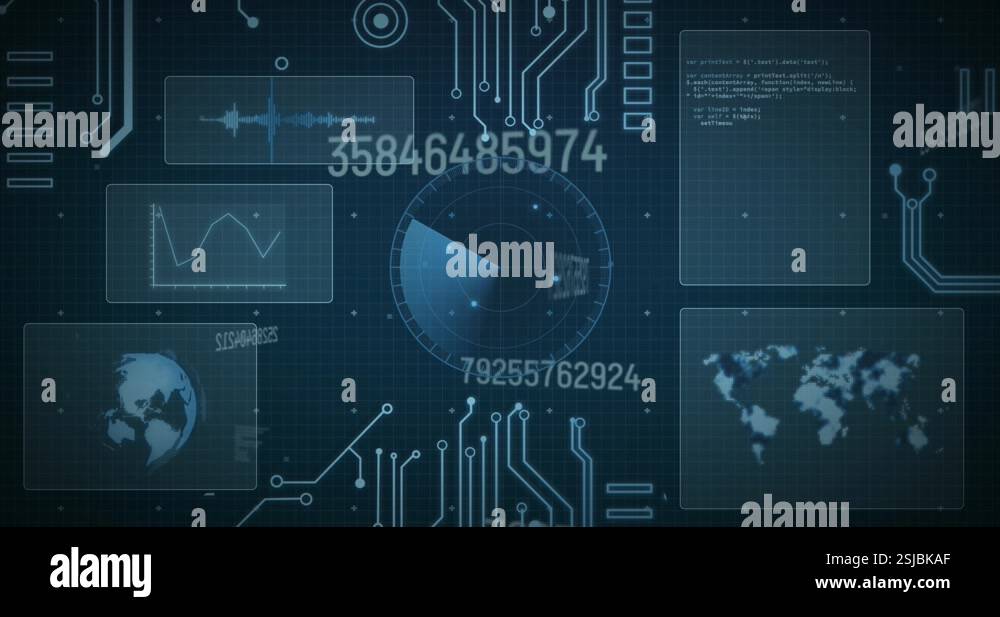 Animation of multiple changing numbers, round scanner and microprocessor Stock Video Footage - Alamy